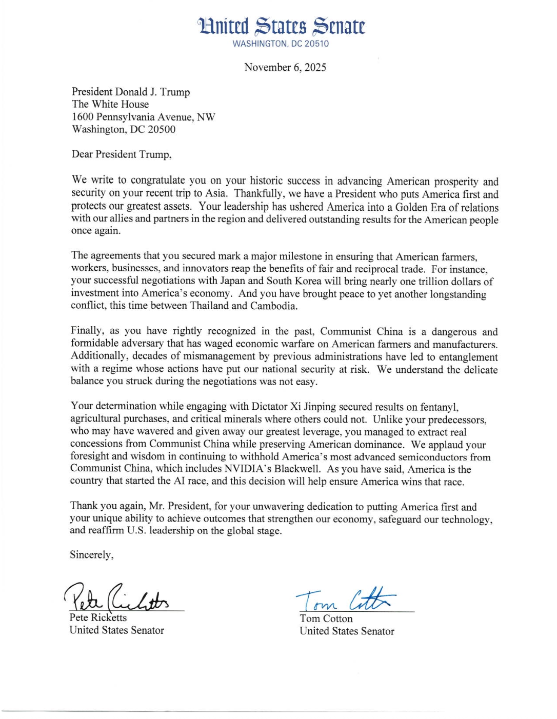 Ricketts, Cotton, Colleagues Applaud President Trump on “Historic ...